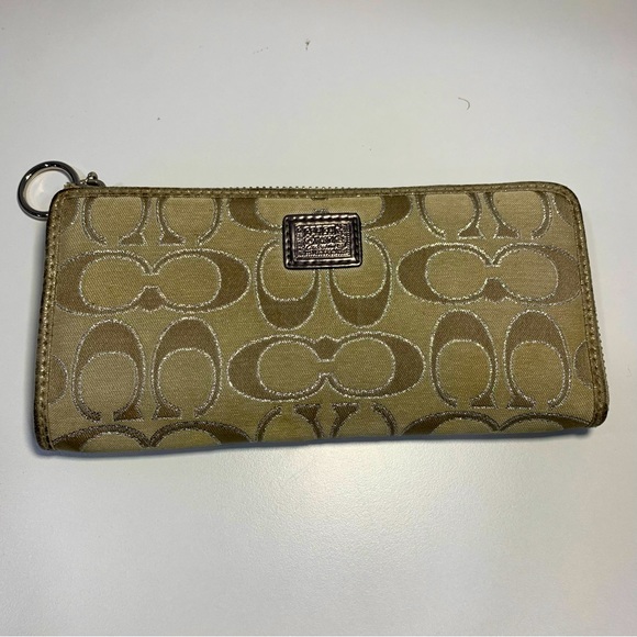Coach | Bags | Coach Poppy Wallet Wristlet Canvas Leather Beige Silver ...